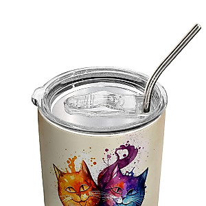 20oz Colorful Painting Cat Tumbler, Gifts for Cat Lovers, Coffee Thermos for Women, Men, Stainless Steel Double Wall Vacuum Insulated Coffee Mug, Travel Cup with Lid
