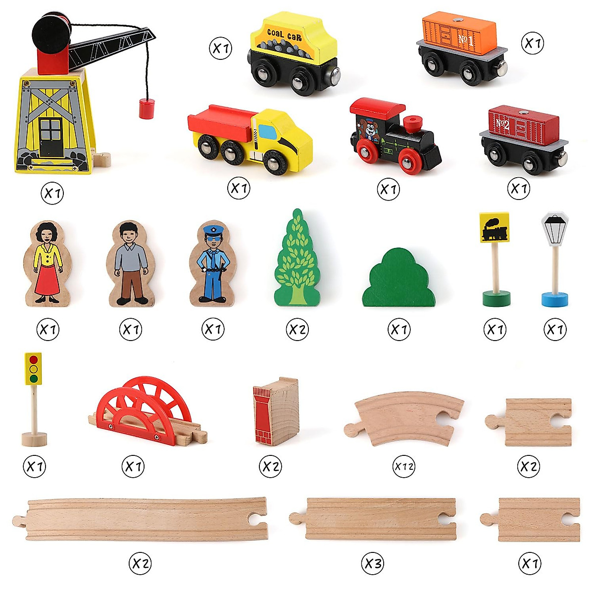 Qilay Wooden Train Set for Toddler - 39 Pcs Wooden Train Tracks with Crane, Bridge & 5 Wooden Trains - Train Toys for 3,4,5 Year Old Boys & Girls - Fit All Major Bands Train Tracks Set