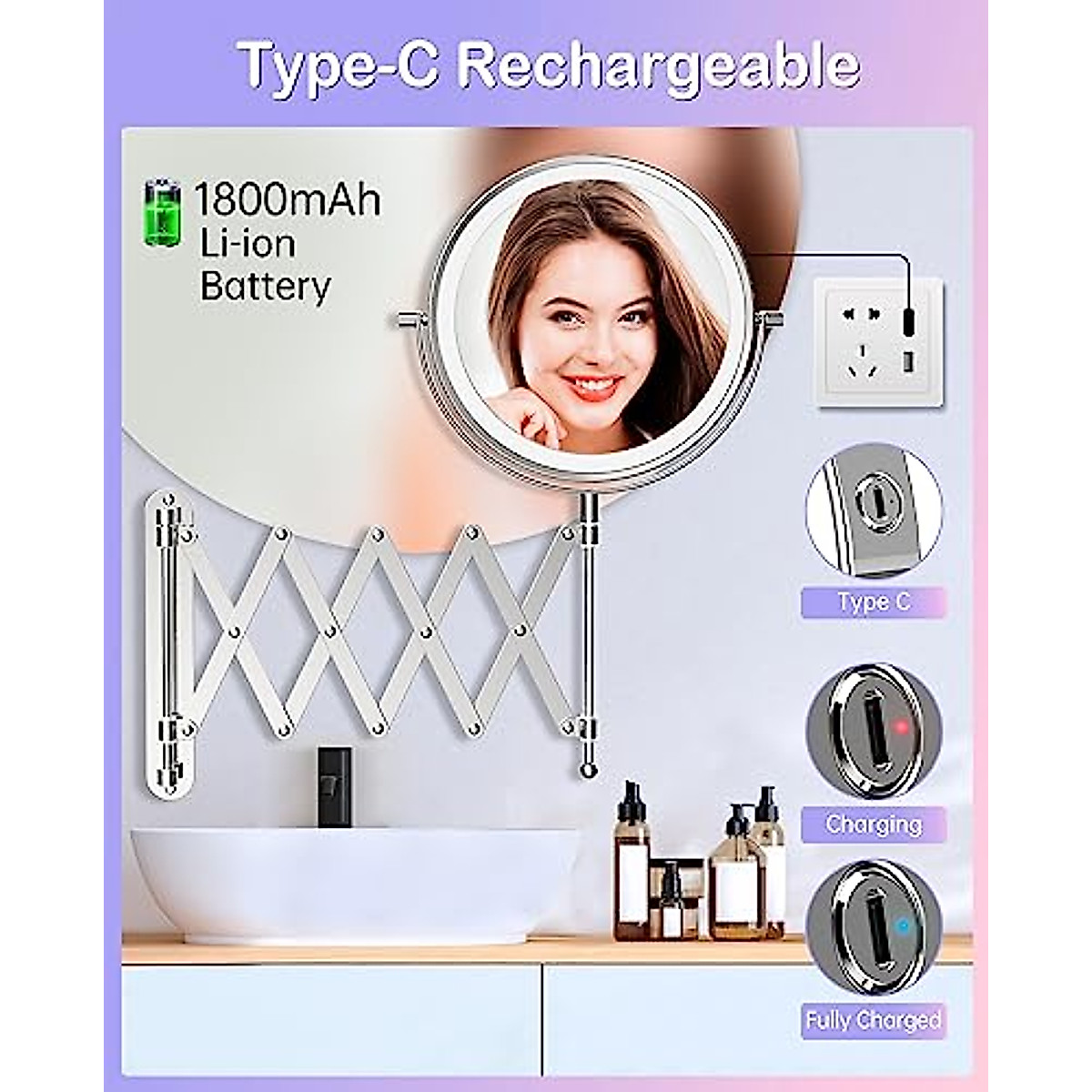 Rechargeable Wall Mounted Lighted Makeup Mirror, 1X/10X Magnifying Mirror with 3 Light Settings, 8 Inch 360° Swivel Extendable Bathroom Mirror, Double Sided Telescoping Mesh Vanity Mirror - Chrome