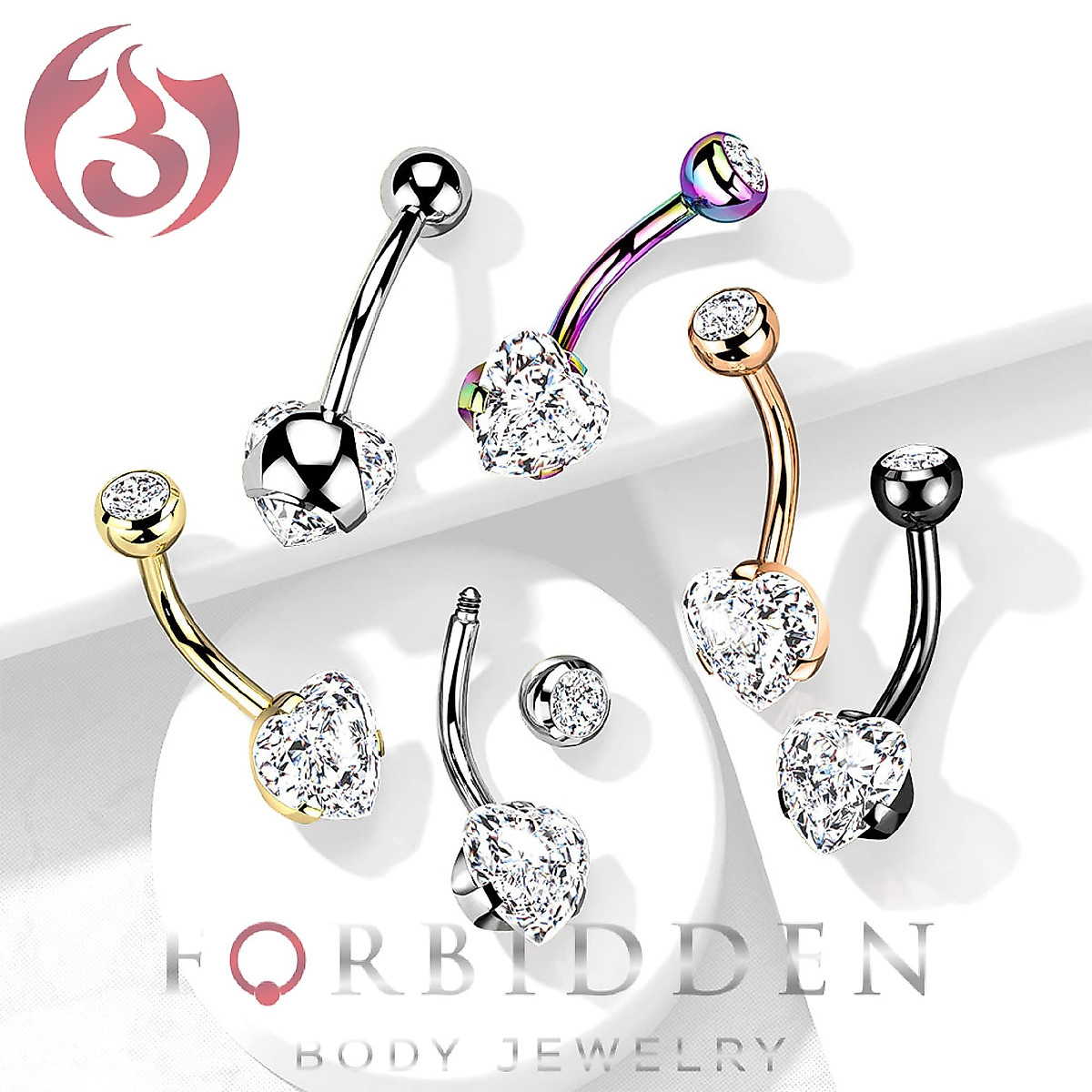 Forbidden Body Jewelry 14g Tri-Prong Heart Shaped CZ Solitaire Belly Button Ring, Rainbow/Clear