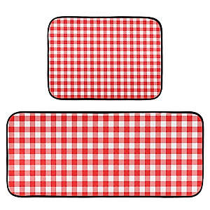 Kigai Kitchen Rugs 2 Piece Waterproof Non Slip Kitchen Mat Red & White Checked Kitchen Rug Set for Sink Office Kitchen Cafe, 19.7"x47.2"+19.7"x27.6"