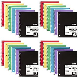 Mead Spiral Notebooks, 24 Pack, 1-Subject, Wide Ruled Paper, 10-1/2" x 8", 70 Sheets per Notebook, Assorted Colors (05510)
