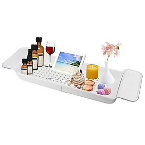 Expandable Drain Bath Shelf Caddy Tray, YOCOMEY Multifunctional Plastic Bathtub Tray Bathroom Organizer Simple Stylish Bathtub Storage Rack for Candle Towel, Book, Wine, Phone, Shower (White)
