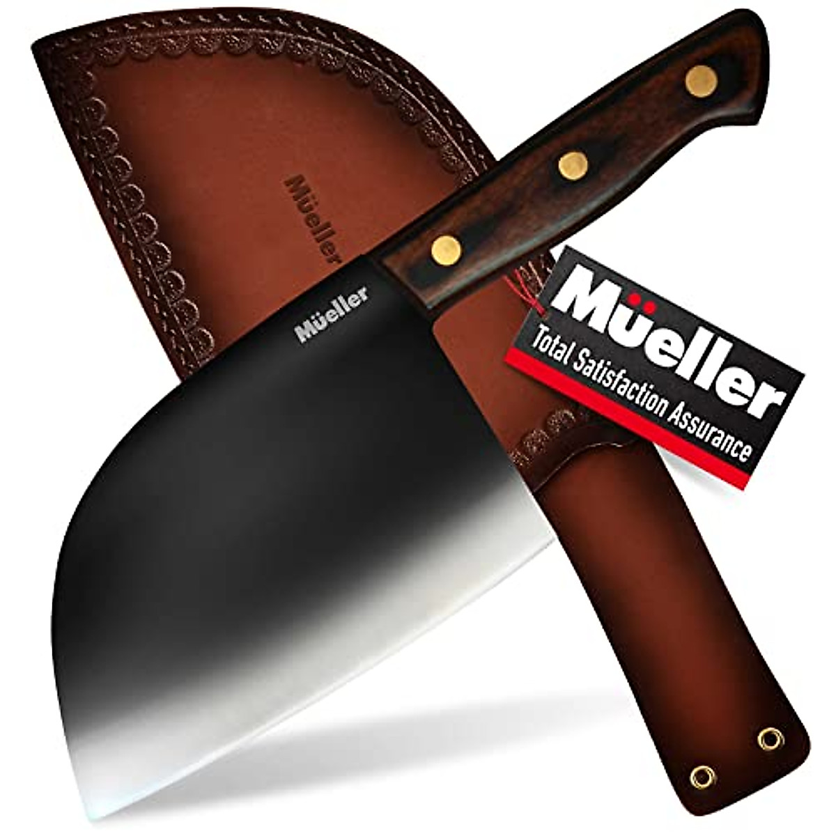 Mueller UltraForged Professional Meat Cleaver Knife 7" Handmade High-Carbon Clad Steel Serbian Chef Knife with Leather Sheath, Full Tang Pakkawood Handle, Multi-functional for Kitchen, Camping, BBQ
