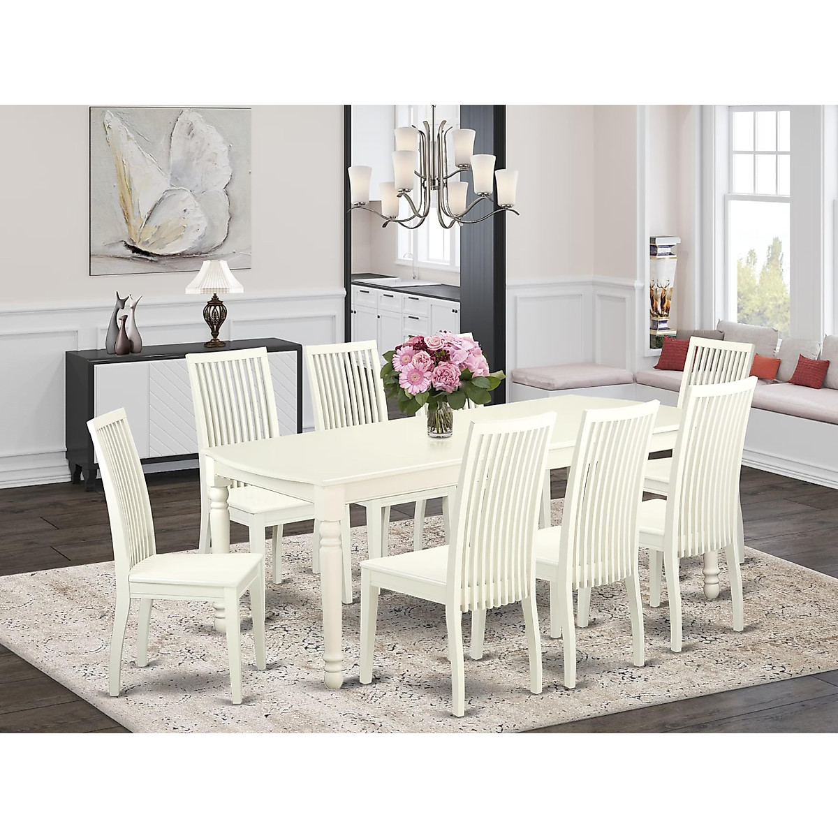 East West Furniture DOIP9-LWH-W 9 Piece Dining Set Includes a Rectangle Dining Table with Butterfly Leaf and 8 Kitchen Chairs, 42x78 Inch, Linen White