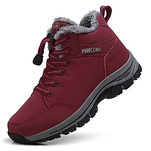 ZHNSHM Womens Winter Boots Casual Lightweight Waterproof Snow Boots Anti-Slip Fur Lined Trekking Backpacking Hiking Boots… Red