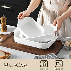 MALACASA Casserole Dishes for Oven, Porcelain Baking Dishes Set of 3, Durable Casserole Dish Set Lasagna Pan Deep, Ceramic Bakeware Sets with Handles, White (13.8''/11.7''/9.4''), Series Bake