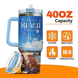 99WHALE Beach Gifts, Blue White Straws Light Summer Women Handle For Royal Myrtle Insulated Brown Navy Tumblers, Beach Restore Soul, Tumbler 40 Oz With Handle Lid And Straw