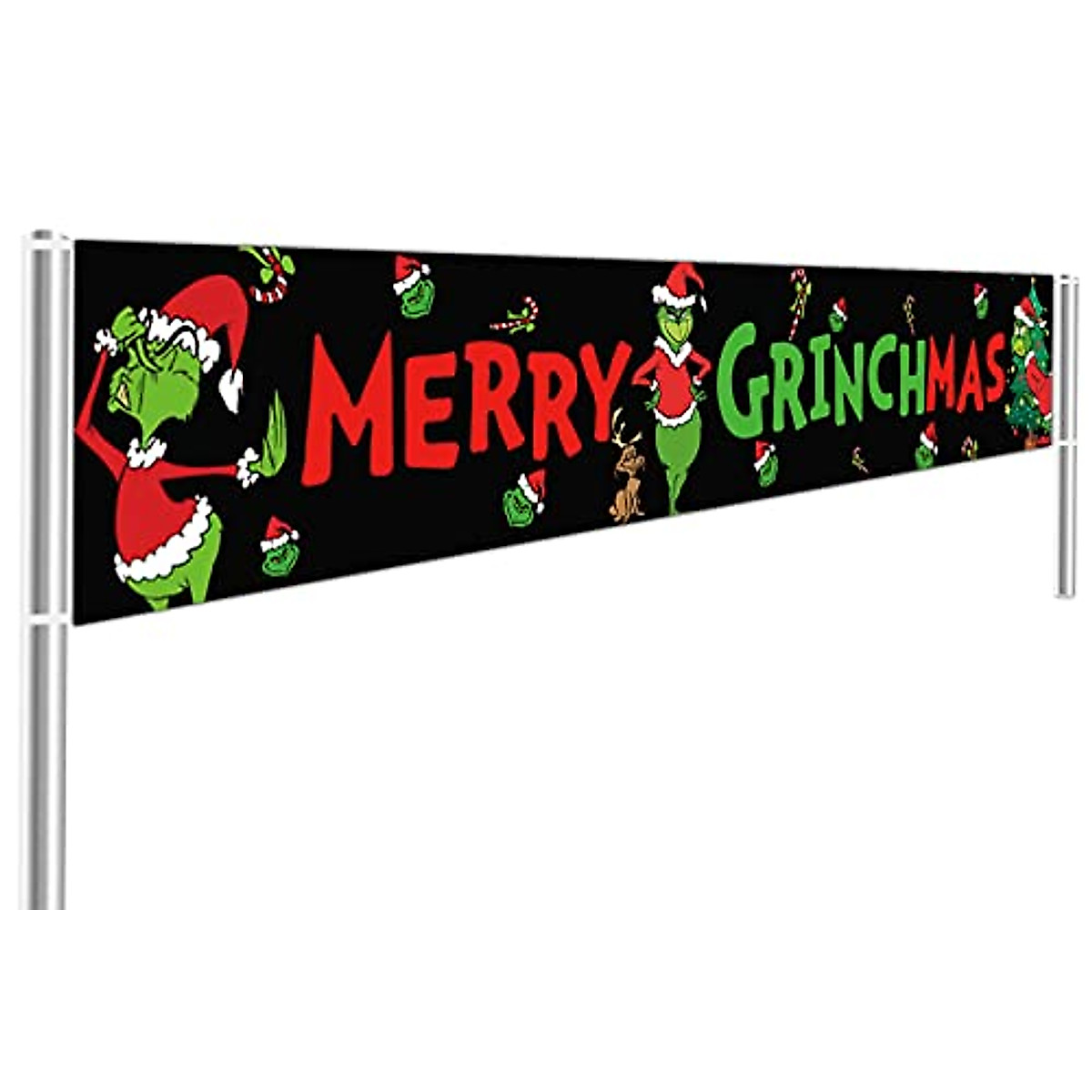 Huras Large Merry Grinchmas Sign Banner Grinch Theme Christmas Banner Christmas Party Supplies Decorations Black Xmas Holiday New Year Party Supplies Christmas Yard Sign Banner - 9.8 X 1.6 FT