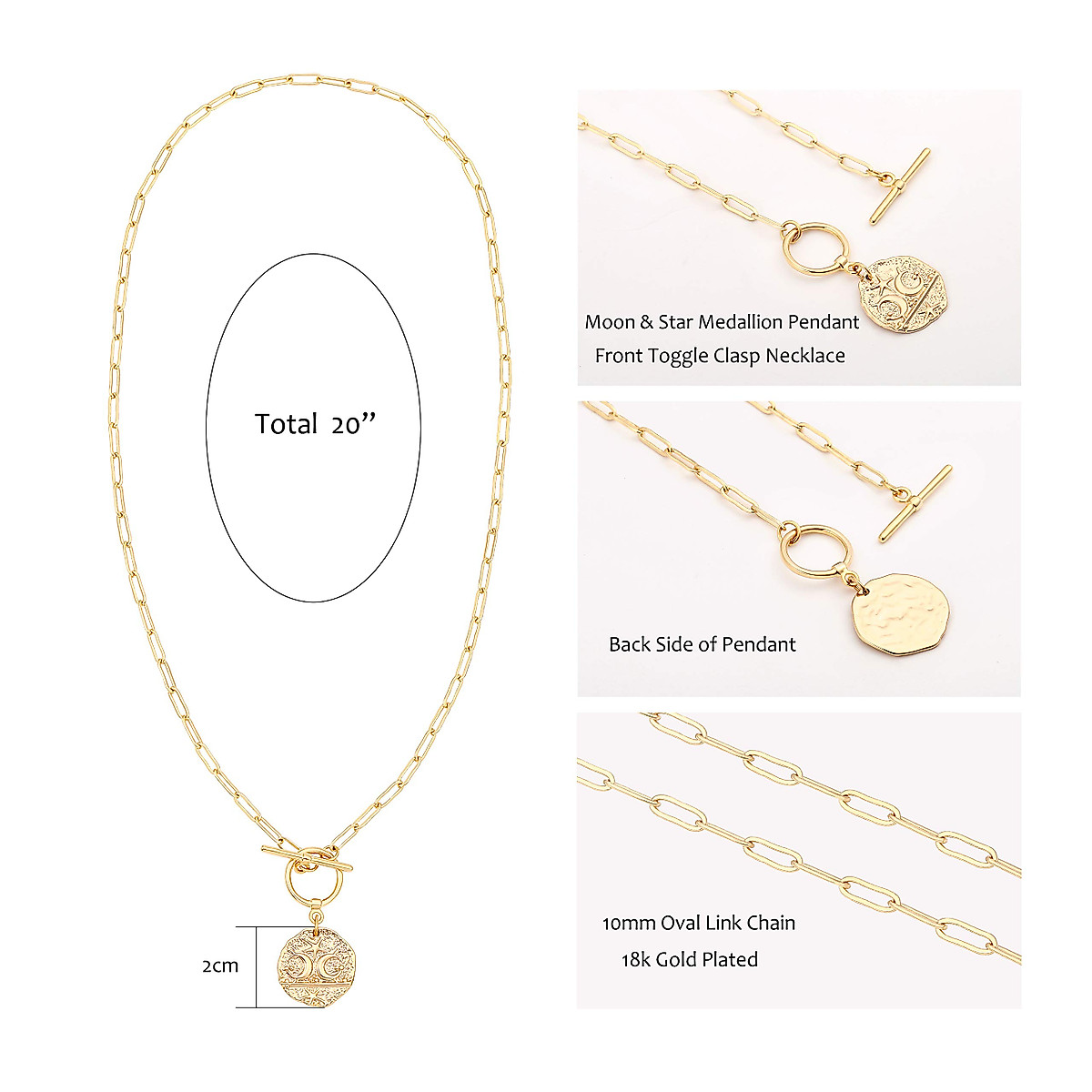 Aobei Pearl Moon and Star Medallion Pendant Necklace 18k Gold Oval Link Chain Choker Large Celestial Charm Layering Jewelry 20’’
