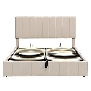 Merax Queen Size Upholstered Platform Bed with a Hydraulic Storage System, No Box Spring Needed, Beige