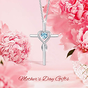 FANCIME Aquamarine Cross Necklace For Women Sterling Silver Birthstone Necklace Aquamarine Heart Cross Pendant March Birthstone Jewelry Gifts Valentines Day Gifts for Women