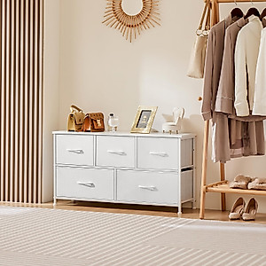 Sweetcrispy Dresser for Bedroom, Drawer Dresser Organizer Storage with 5 Drawers Short Dresser, Chest of Drawers with Fabric Bin, Steel Frame, Wood Top for Bedroom, Entryway