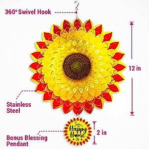 Wind Spinners for Yard and Garden - 12 inches Large - 3D Reflective Stainless Steel Hanging Wind Spinners - Home or Outdoor Decor - Kinetic Metal Art Design - Ideal for Gifts (12 Inches, Sunflower)