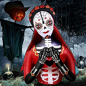 5FT Halloween Inflatables Day of The Dead Sugar Skull Blow Up Decorations with LED Lights and Built-in Sandbags, IDia De Los Muertos Decoration for Holiday Party Indoor Outdoor Garden Lawn Decor
