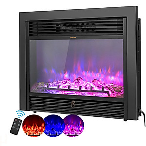 GLACER Electric Fireplace, 28.5'' Recessed Fireplace Heater with 3 Colors Adjustable LED Flame,Timer,Thermostat,Hidden Control Panel,Remote Control,750W/1500W Wall Mounted, Black, (EP100)