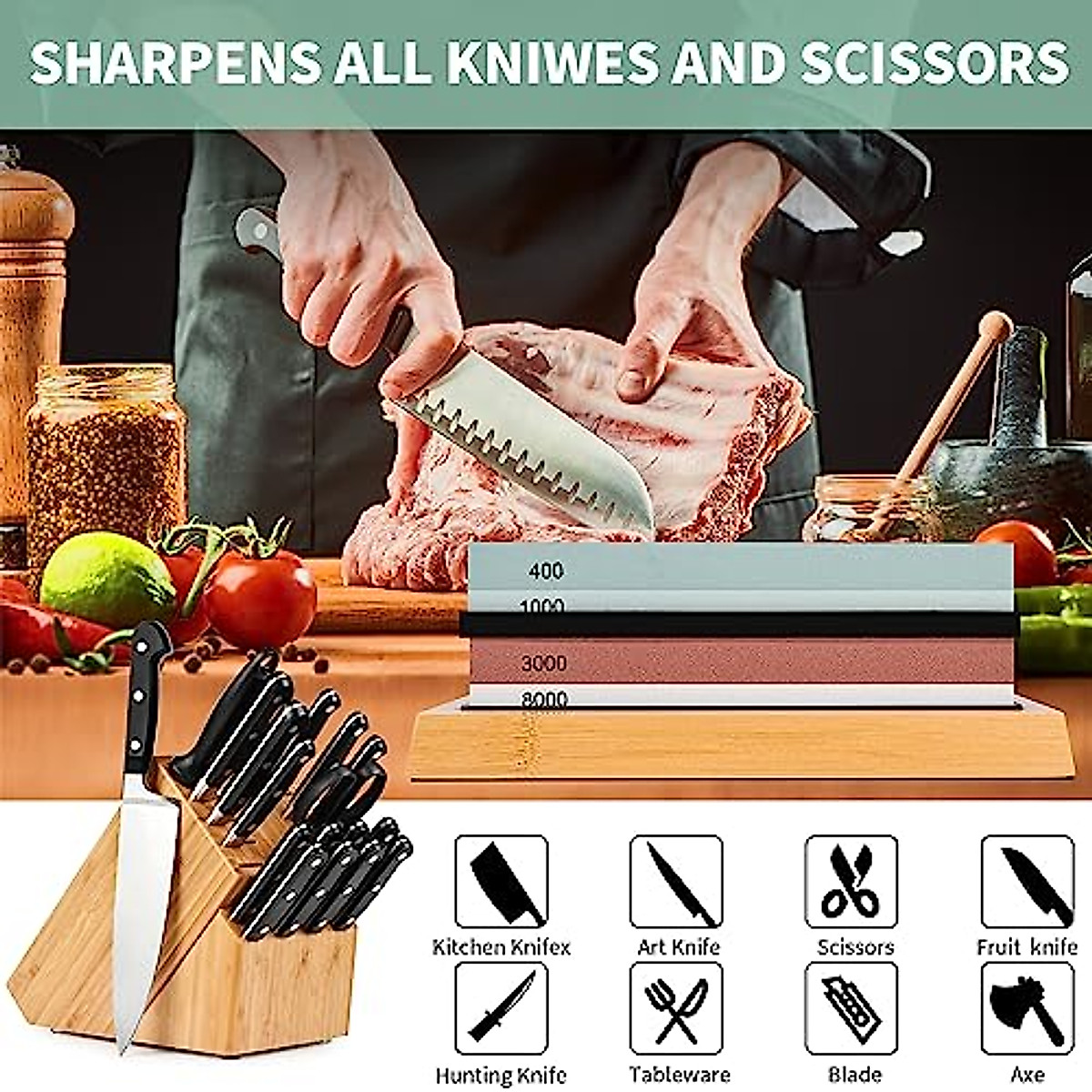 knife sharpening Stone kit, sharpening stone 4 Side Grit 400/1000 3000/8000 Waterstone, Includes Leather Strop, Bamboo Base, Flattening Stone, Slip Rubber Bases, and Angle Guide