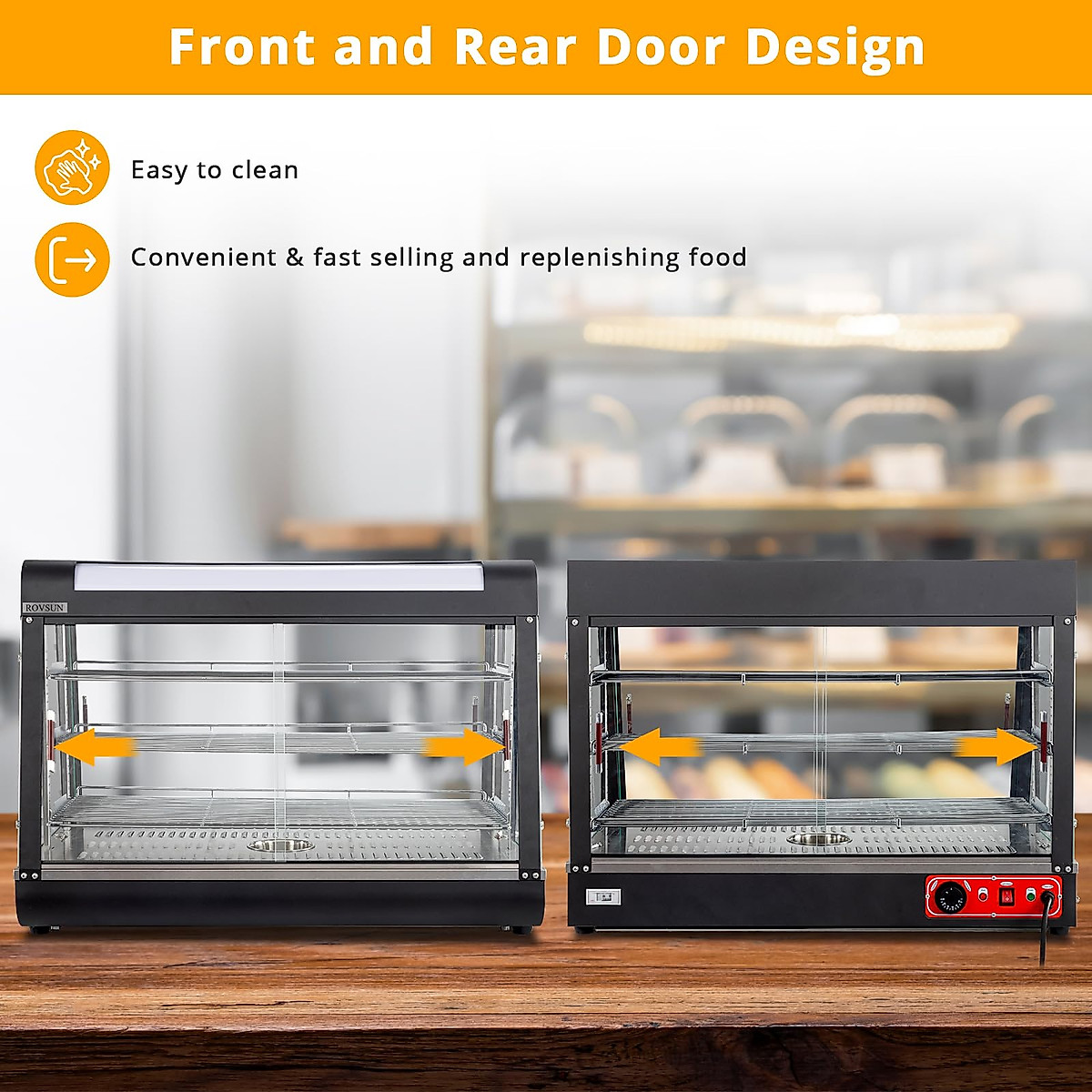 ROVSUN Pizza Warmer Food Warmer Display Countertop, Electric Commercial Food Warmer w/LED Adjustable Removable Shelves Glass Door, Pastry Display Case for Buffet Restaurant Party (35" Length-1500W)