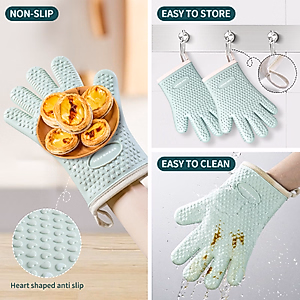 MAD SHARK Silicone Oven Mitts Heat Resistant 450 Degrees with Waterproof & Non-Slip Oven Gloves with Fingers, Silicone Oven Gloves Kitchen Mittens for Baking Cooking Barbecue (Green)