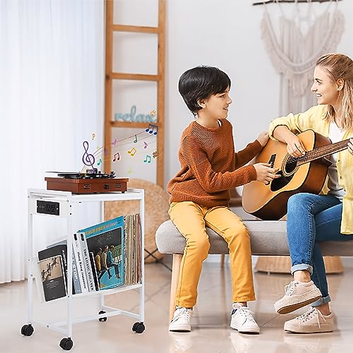 Record Player Stand with Vinyl Storage Night Stand with Power Outlets Vinyl Record Storage Stand On Wheels White Turntable Stand for Living Room Bedroom, Large Capacity, White