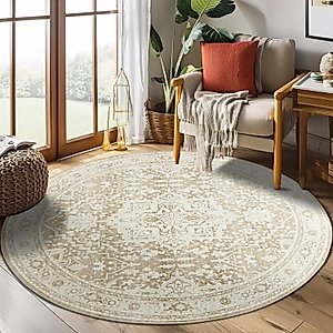 jinchan Round Rug 4ft, Bohemian Area Rug Indoor Hallway Circle Rug Washable Rug Vintage Floral Medallion Non Slip with Rubber Backing for Living Dining Room Entryway Taupe