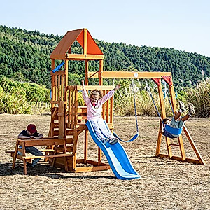 Dolphin Playground Cedar Wooden Swing Sets for Backyard, Outdoor Playset for Kids with Monkey Bar, 2 in 1 Outdoor Table, Wave Slide, Climbing Wall, and 2 Belt Swings, Playground Sets for Backyards