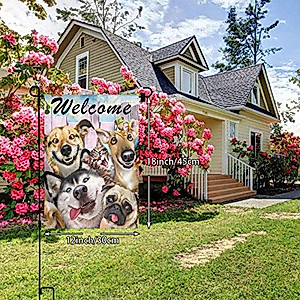 Welcome Happy Dog Animals Outdoor Garden Flag, Double Sided Vertical Garden Yard Flag Banner for Lawn House Outside Decor 12x18inch