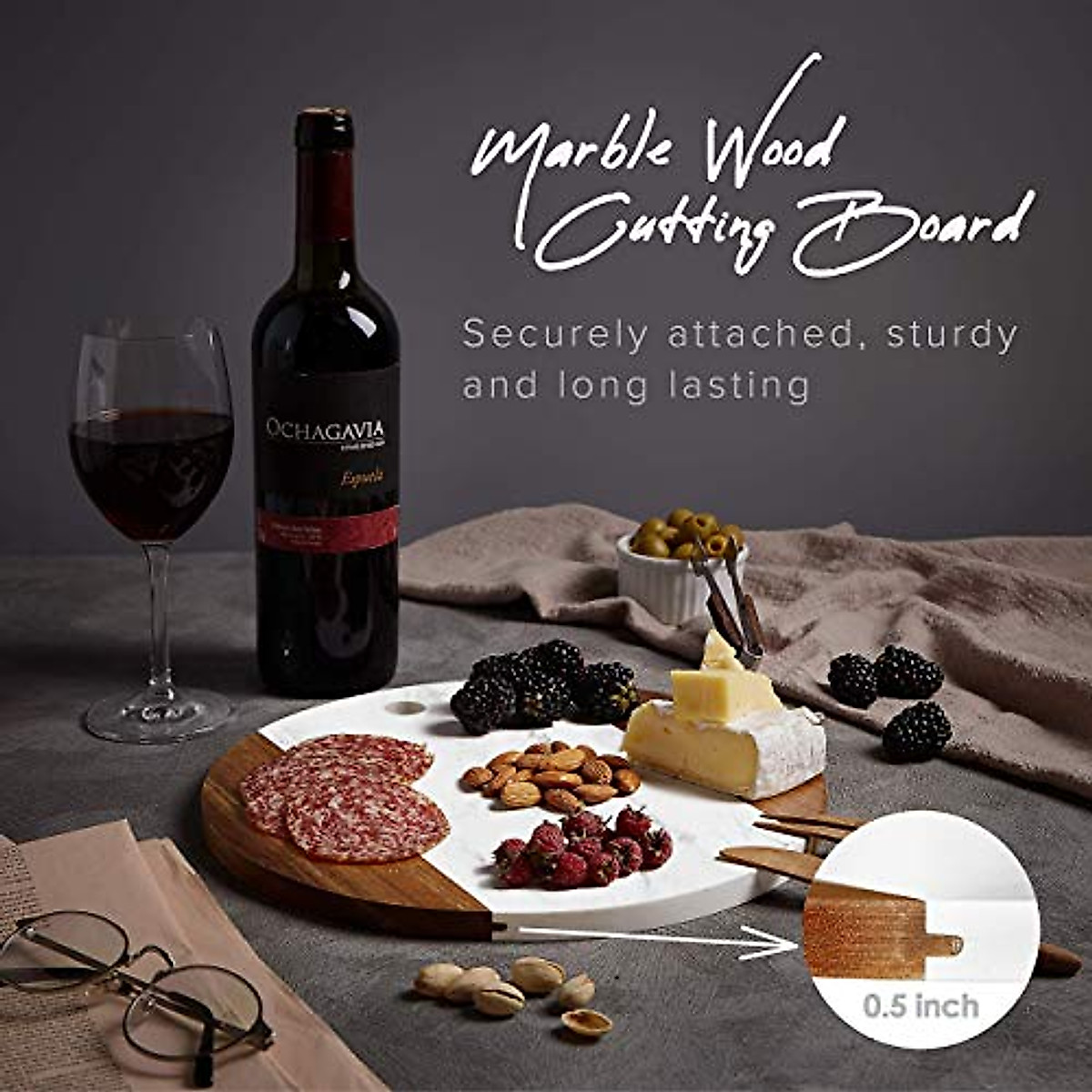 Marble Cheese Board with Acacia Accent 12" Round - Beautifully Handcrafted Charcuterie Board for Two - Round Cutting Board - Wonderful Housewarming Gift