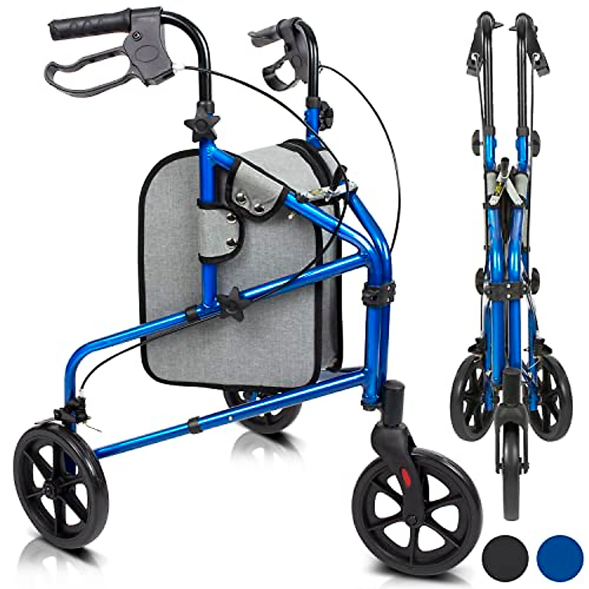 Vive Mobility 3 Wheel Walker - Three Wheeled Rollator for Seniors - Lightweight, Foldable, Narrow, Heavy Duty - for Elderly Men Women - Folding 3-Wheel Tri Scooter with Basket Bag (FSA HSA Approved)