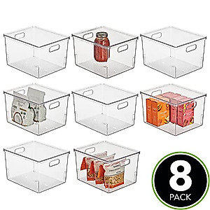 mDesign Large Plastic Stackable Kitchen Cabinet Storage Bin Box, Handles and Lid - Fridge, Cabinet, Counter Organizer for Snacks, Food, Drinks, or Supplies, Ligne Collection, 8 Pack, Clear