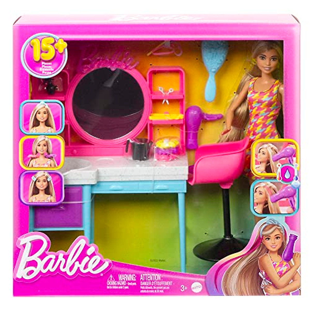 Barbie Doll and Hair Salon Playset with 15 Styling Accessories and Furniture, Long Color-Change Hair and Printed Dress