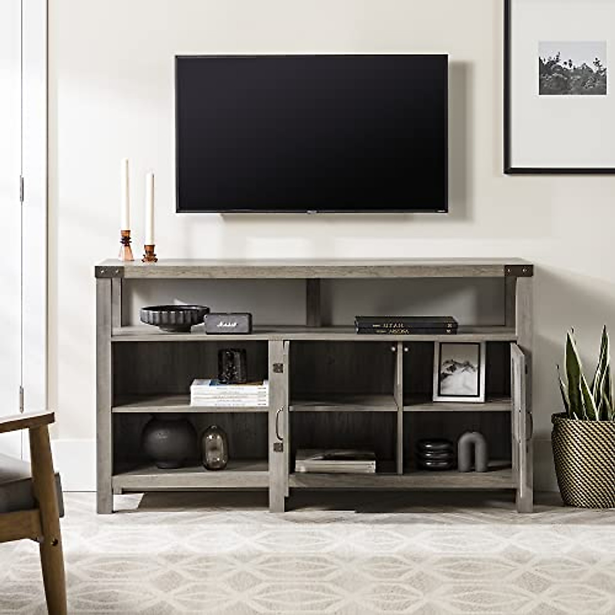 Walker Edison Georgetown Modern Farmhouse Double Barn Door Highboy Storage TV Stand for TVs up to 65 Inches, 58 Inch, Grey Wash