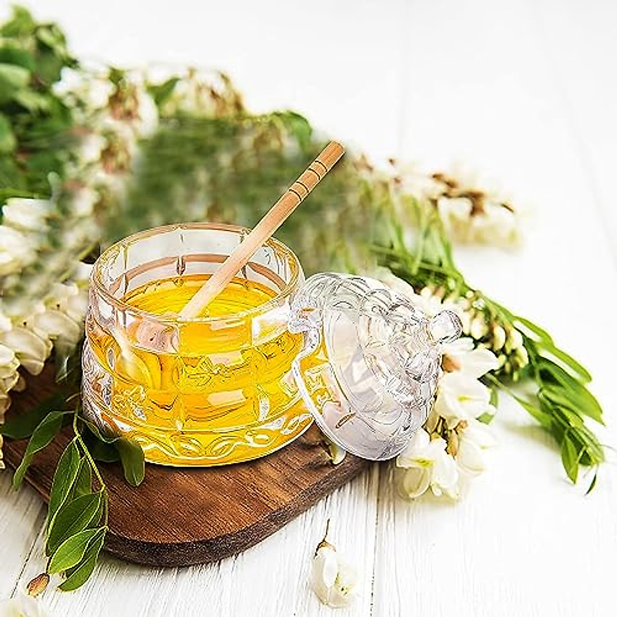 Hacaroa 2 Pack 10 Oz Glass Honey Pot with Lid and Wooden Dipper, Clear Honey Jar Beehive Honey Dish Dispenser Container for Jam Jelly, Home Kitchen, Wedding Gifts, Candlesticks, Barware