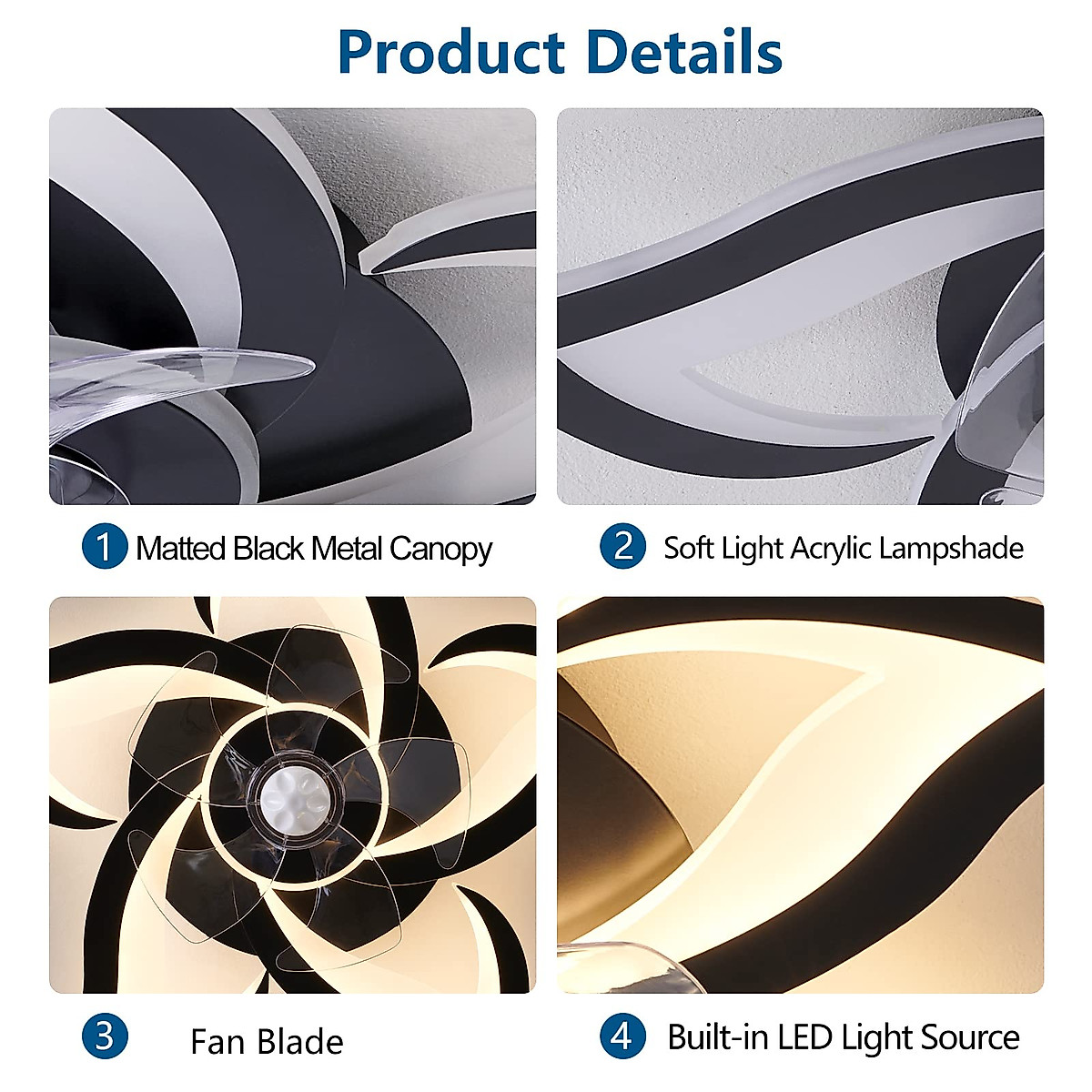 Dalouguan Ceiling Fan with Lights Remote Control, 24" Black, 6 Speeds 3 Light Color Low Profile Flush Mount Ceiling Fan for Kitchen Bedroom