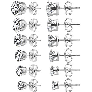 HOVEOX 6 Pairs Alloy Womens Stud Earrings Round Clear Cubic Zirconia Inlaid Simulated Diamond Rhinestone Hypoallergenic Pierced Jewelry CZ Studs 0.1 inch-0.3 inch for Unisex Teens and Women, Silver