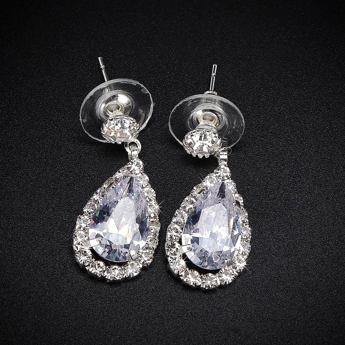 COCIDE Bride Jewelry Set Silver Crystal Wedding Necklace Earrings Bridal Rhinestone Teardrop Pendant Accessories for Women and Bridesmaids (3 piece set - 2 earrings and 1 necklace)