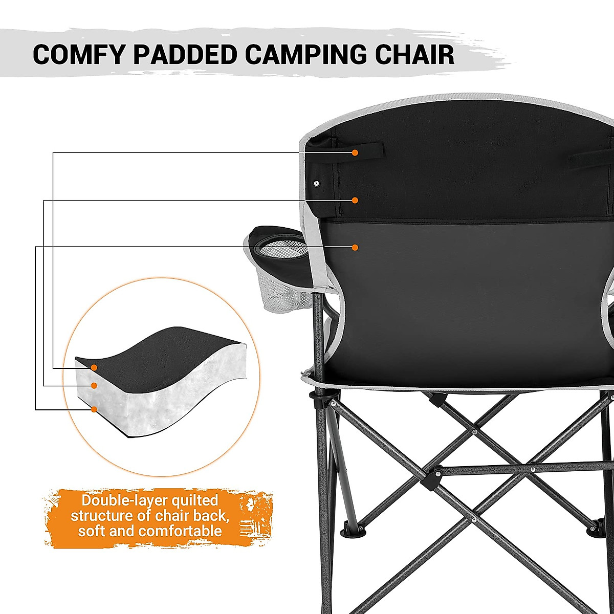 FUNDANGO Folding Padded Camping Arm Chair, Portable Outdoor Full Back Lawn Chair with Side Table Cup Holder Side Pocket for Garden Camping Picnic BBQ Concert with Carry Bag, Support 300LBS