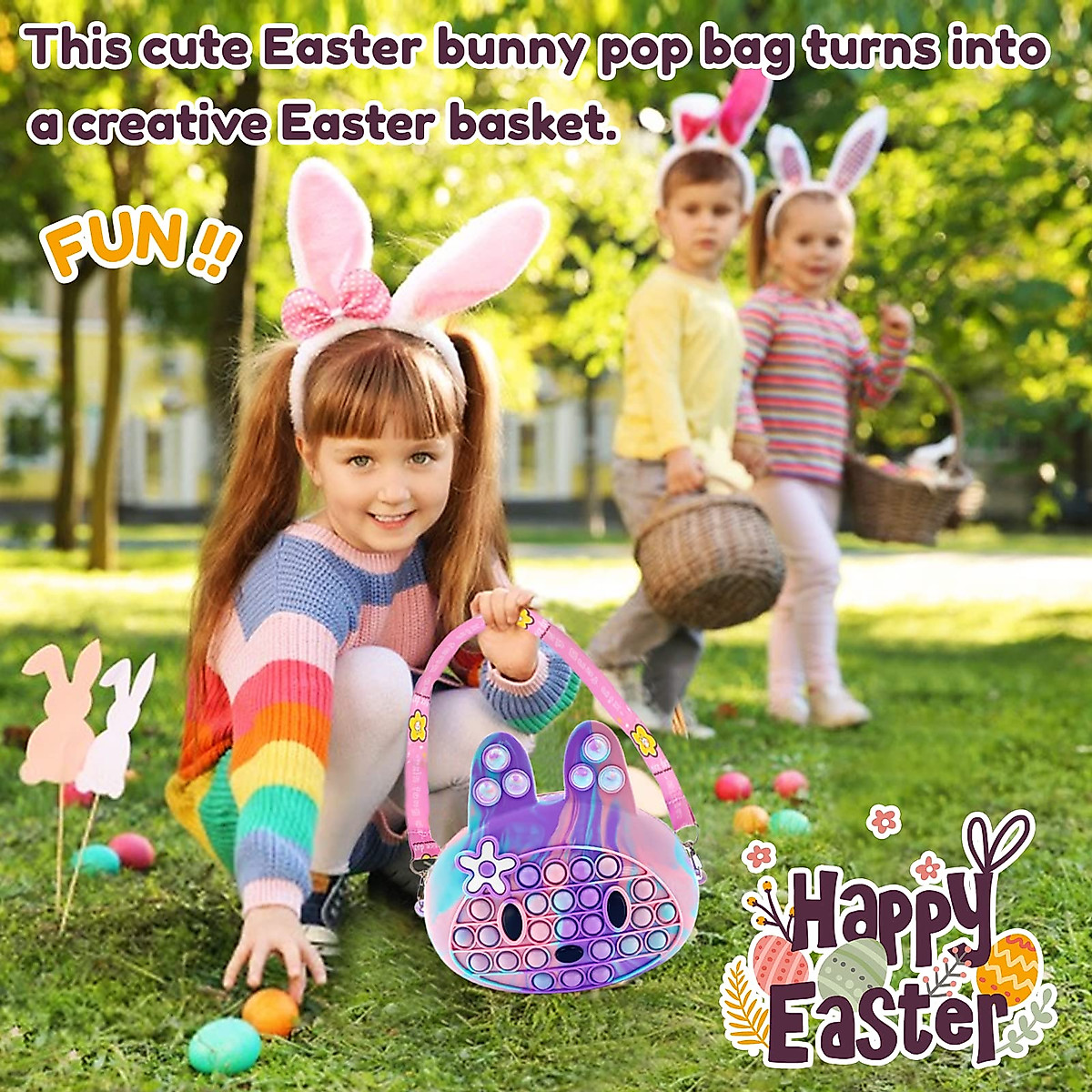 Exun Pop Crossbody Purse Bags Fidget Toy Pack, Premade Easter Basket Stuffers Already Filled, Bunny Shoulder Bag Mini Sensory Toys, 3 4 5 6 7 8 9 10 Year Old Birthday Easter Party Gift for Girls Kids