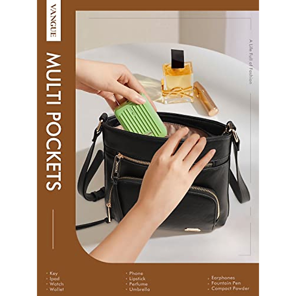 Vangue Crossbody Purses for Women Multi Pockets Vegan Leather Women's Shoulder Handbags with Adjustable Strap (Black)