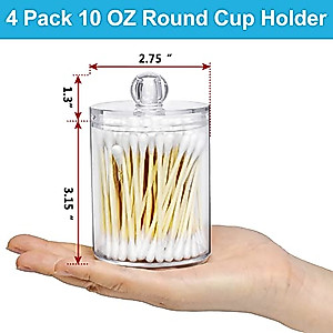 EOFJRUC 4 Pack Qtip Holder Dispenser for Cotton Ball, Cotton Swab, Cotton Round Pads, 10 OZ Clear Plastic Acrylic Apothecary Jar for Bathroom Canister Storage Organization, Vanity Makeup Organizer