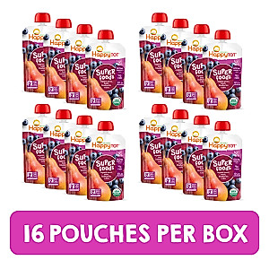 HAPPYTOT Organics Super Foods Stage 4, Pears, Blueberries & Beets + Super Chia, 4.22 Ounce Pouch (Pack of 16) packaging may vary