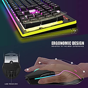 RedThunder K10 Wireless Gaming Keyboard and Mouse Combo, LED Backlit Rechargeable 3800mAh Battery, Mechanical Feel Anti-ghosting Keyboard + 7D 3200DPI Mice for PC Gamer (Black)