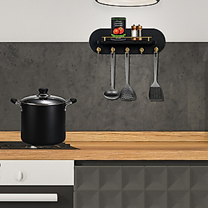 SANY DAYO HOME Wall Mount Wood Key Holder Rack – 14" x 5" Black Floating Entryway Shelf with 5 Gold Hooks and Guardrail for Keys, Plants, and Accessories