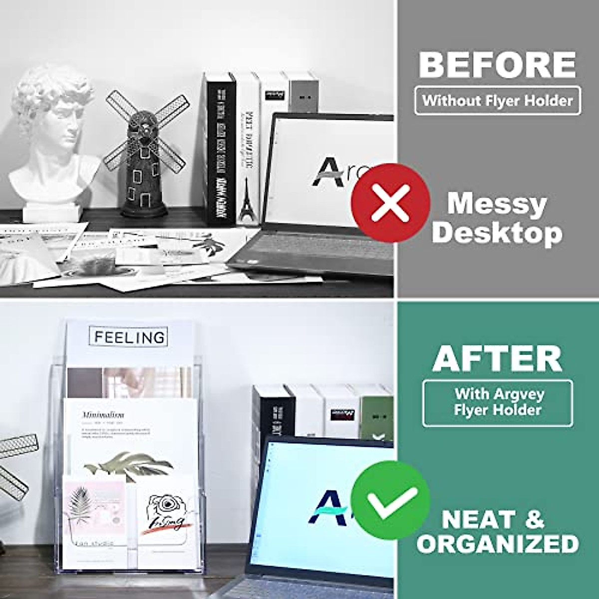 Acrylic Brochure Holder 8.5 x 11 inches, 3 Tier Clear Literature Holder with Removable Divider for Trifold 4 Inches Wide Pamphlet, Plastic Flyer Display Stand for Magazine, Document, Booklet