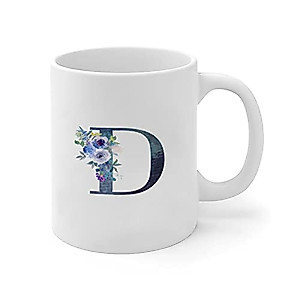 Floral Monogram Letter D Blue Ink Word Ceramic Mugs Coffee Mug Alphabet Letter Mockup Mug White Cup Mock Up Tea Mug Secret Santa Gift Christmas Eve 11oz