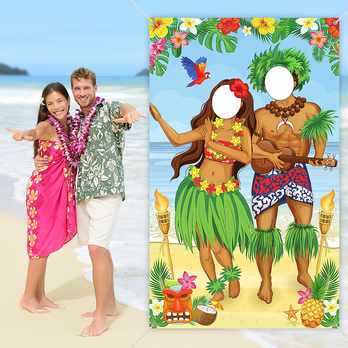 Frienda Luau Couple Photo Door Banner Hawaiian Party Decorations Tiki Luau Photo Props Aloha Tiki Banner for Party Decorations Hawaiian Door Banner Luau Party Supplies for Tropical Beach Party, 6 x 3.6 ft