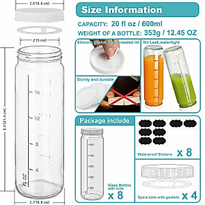 Ritayedet 8 Pack 20 Oz Travel Glass Drinking Bottles Jars - 100% Airtight Heavy Duty Sturdy SCREW Lids w Silicone - Reusable Glass Water Bottles for Juicing, Kombucha, Vanilla Extract
