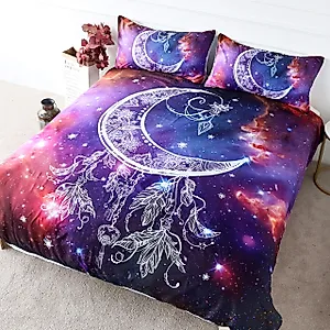 BlessLiving Star Galaxy Bedding Crescent Moon Duvet Cover Purple Pink Bedding 3 Pieces Feather Design Quilt Cover Space Comforter Cover Set (Full)