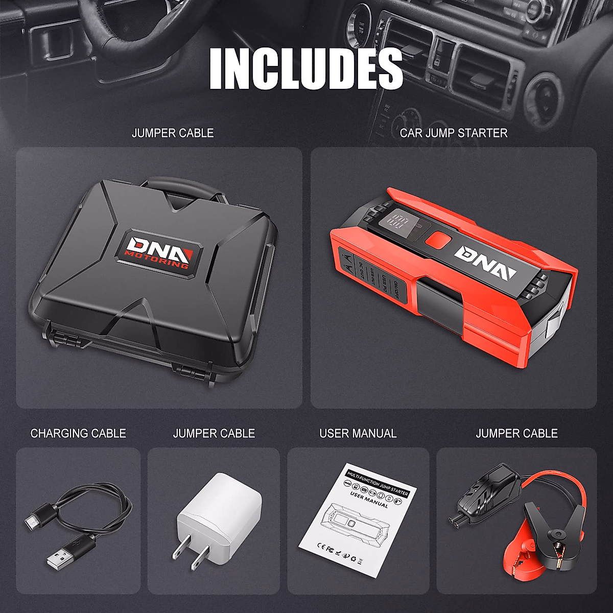 DNA MOTORING 12V 2000A Peak Multi-Function Portable Car Battery Jump Starter for Up to 8.0L Gas / 6.3L Diesel Engine, with Carry Case,TOOLS-00275