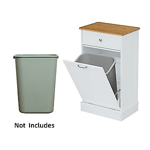 KINBOR BABY Recycling Tilt Out Trash Cabinet - Trash Bin Cabinet for Kitchen with Drawer and Removable Bamboo Cutting Board, White